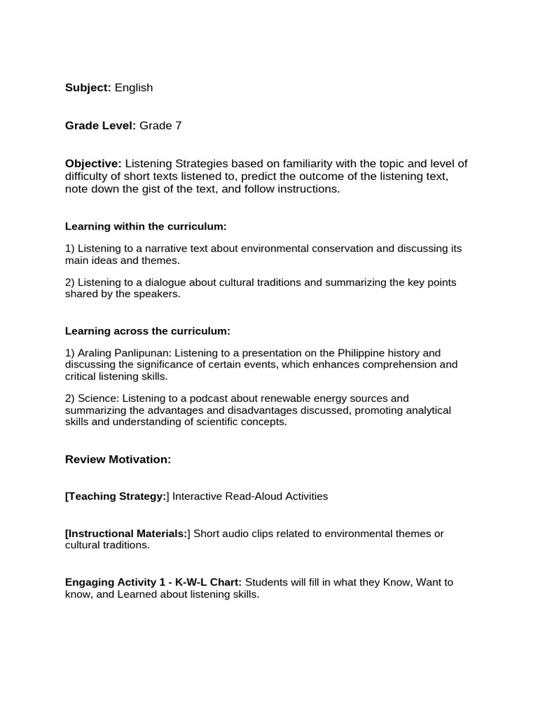 Lesson Plan | PDF | Reading Comprehension | Cognition