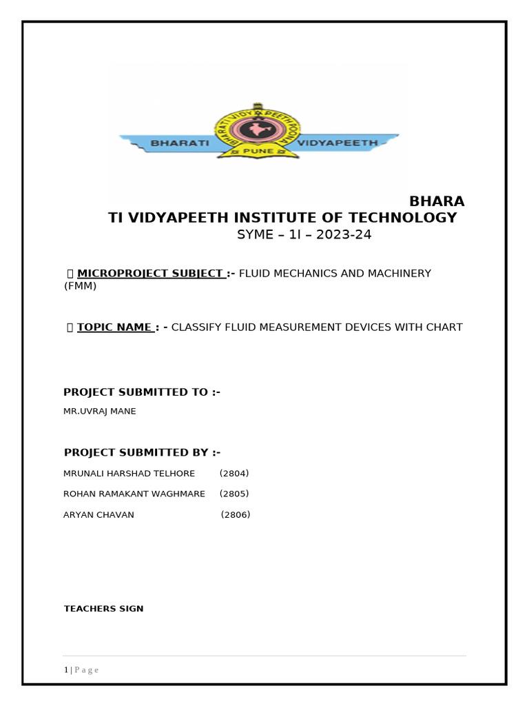 FMM MICROPROJECT | PDF | Flow Measurement | Fluid Dynamics