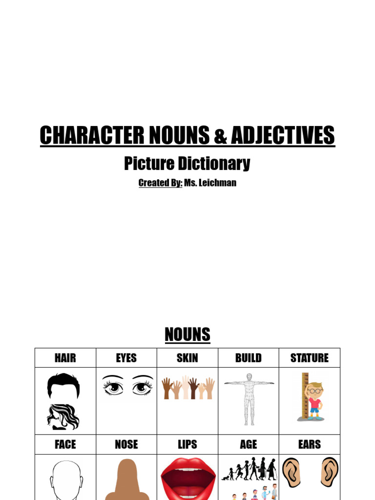 Character Nouns & Adjectives: Picture Dictionary | PDF