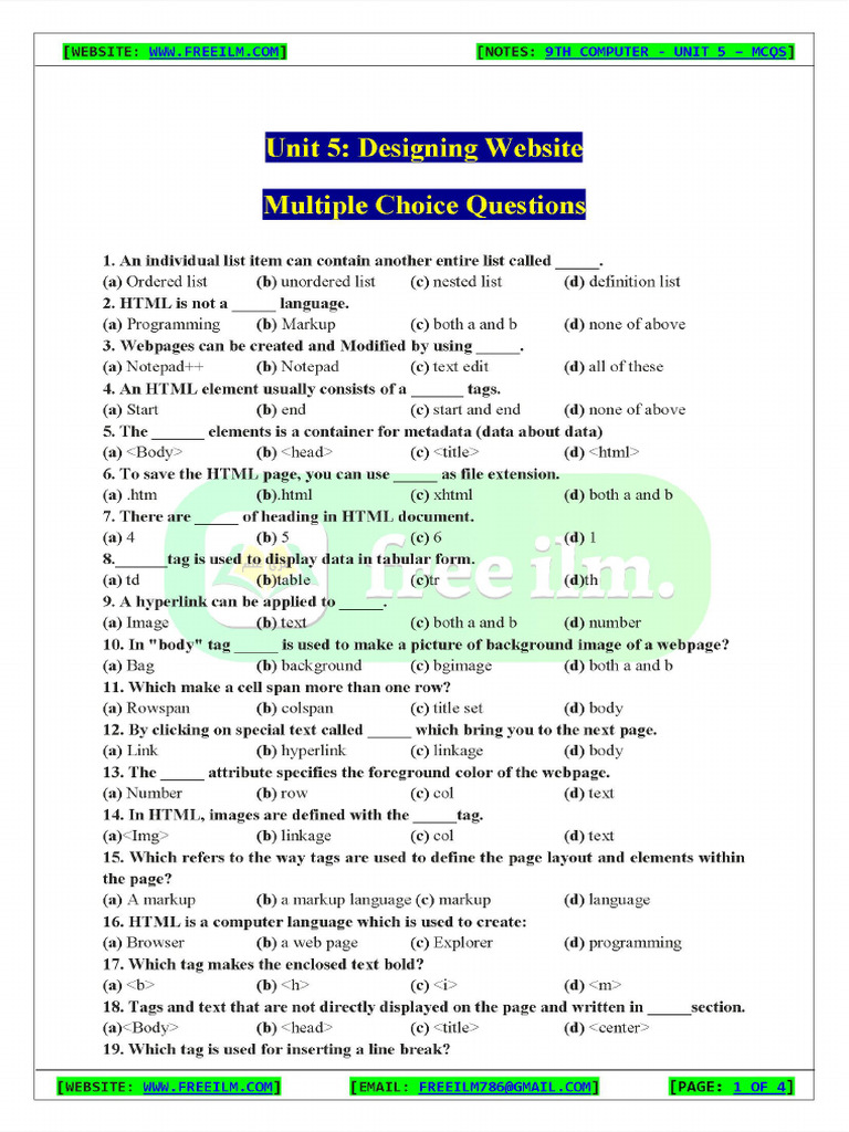 9th Comp Ch 5 MCQ's | PDF