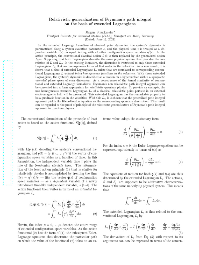 Relativistic Generalization of Feynmans Path Integral On The Basis of Extended Lagrangians | PDF ...