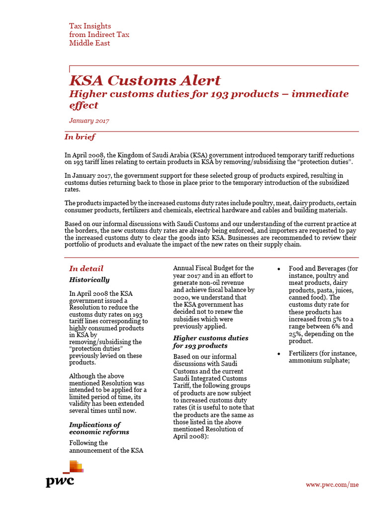 Ksa Customs Alert January 2017 | PDF | Tariff | Customs