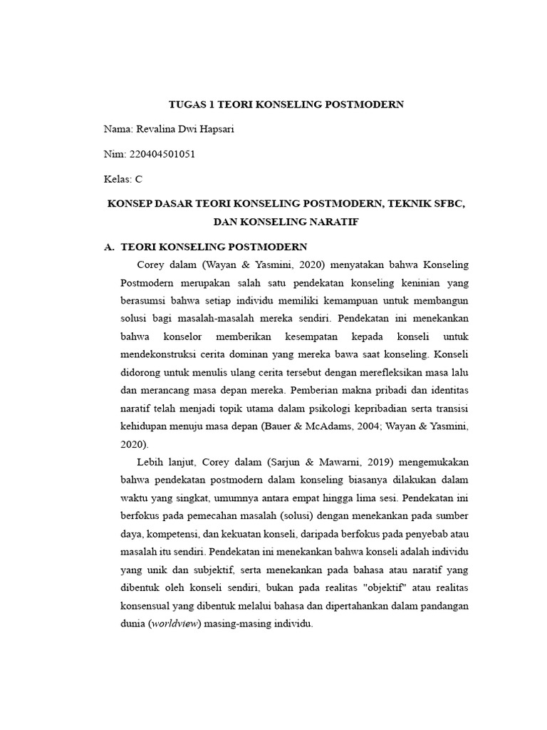 Tugas 1 Teori Konseling Postmodern - Revalina Dwi Hapsari | PDF