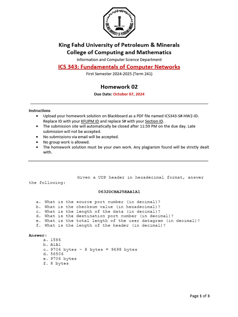 ICS343 Sec03 HW2 202018240 | PDF | Transmission Control Protocol | Data Transmission
