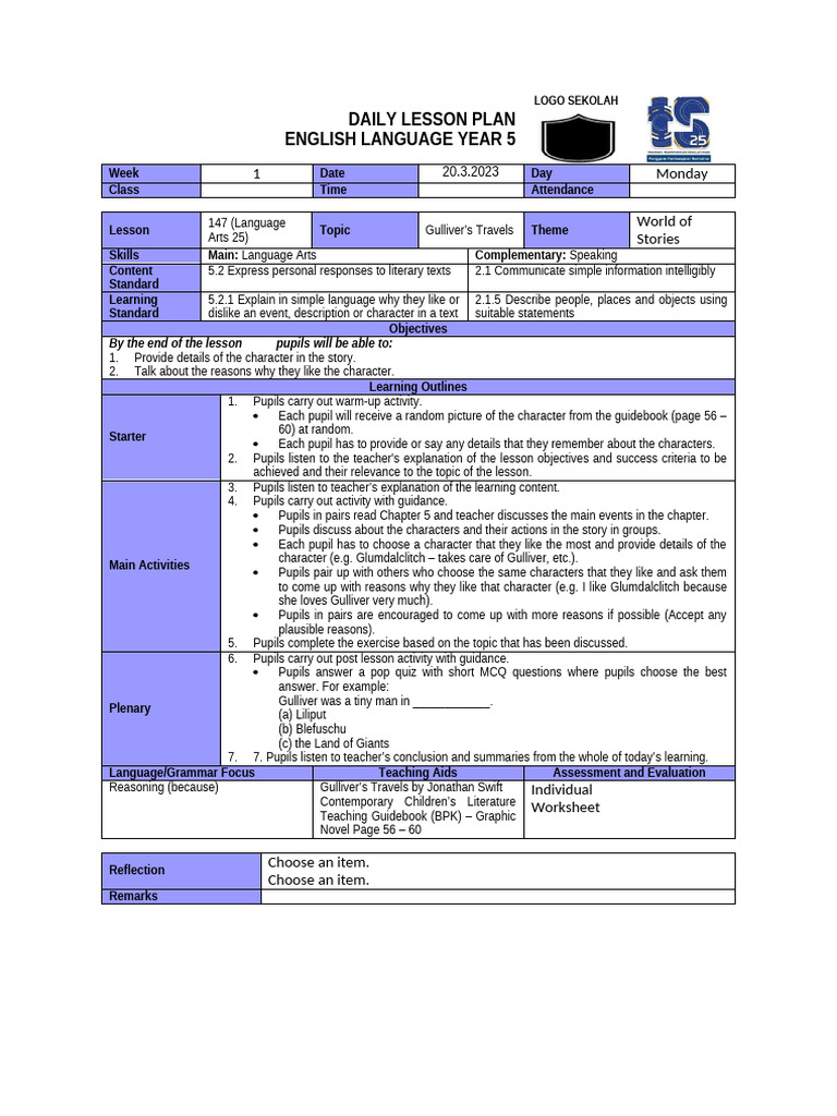 Daily Lesson Plan English Language Year 5: 1 Monday World of Stories | PDF