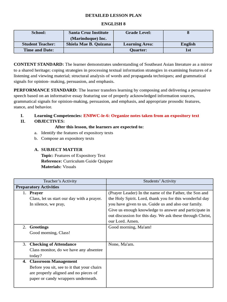 Expository Text Features Lesson Plan | PDF | Information | Noun
