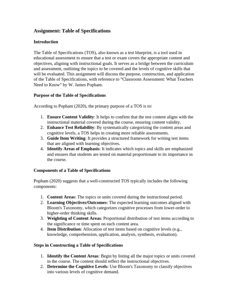 Table of Specifications for Assessments | PDF | Educational Assessment ...
