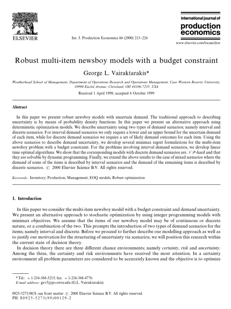 Robust Multi-Item Newsboy Models with Budget Constraint and Demand Uncertainty | PDF ...