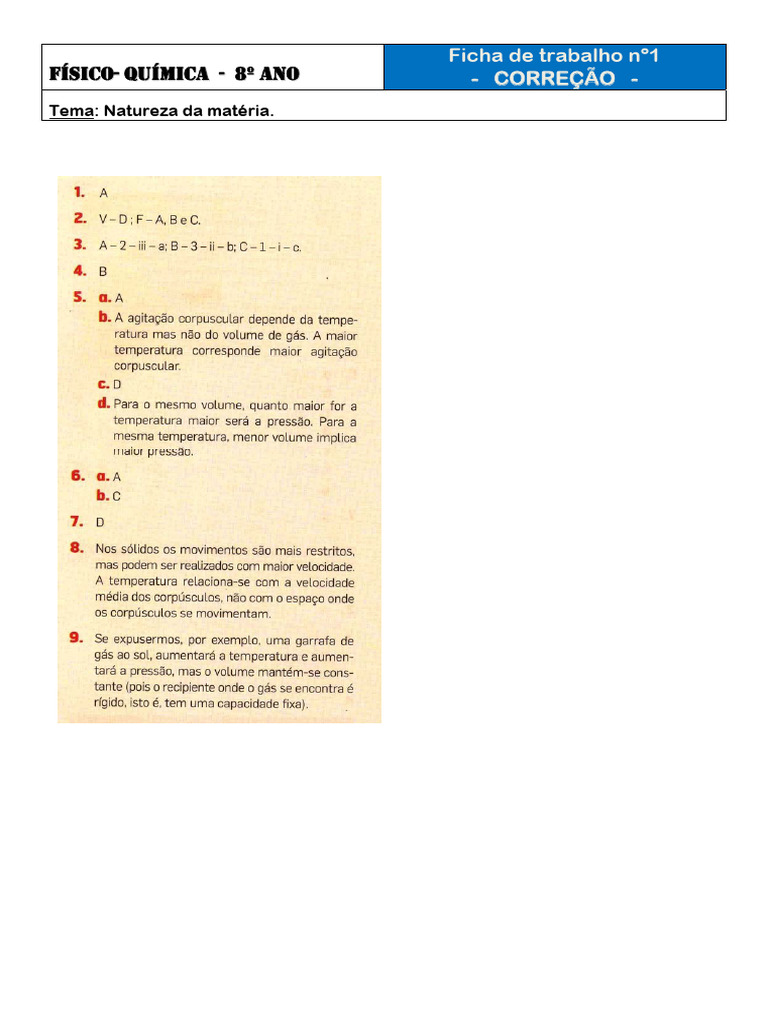 FQ 8 Ano Natureza Corpuscula Da Materia Solucoes | PDF