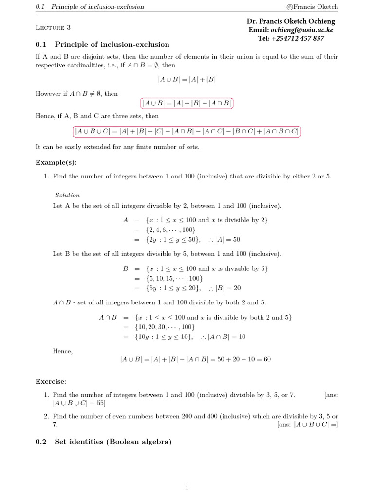 Week 3 Notes - [Inclusion, Exclusion, Boolean Algebra] | PDF | Set ...