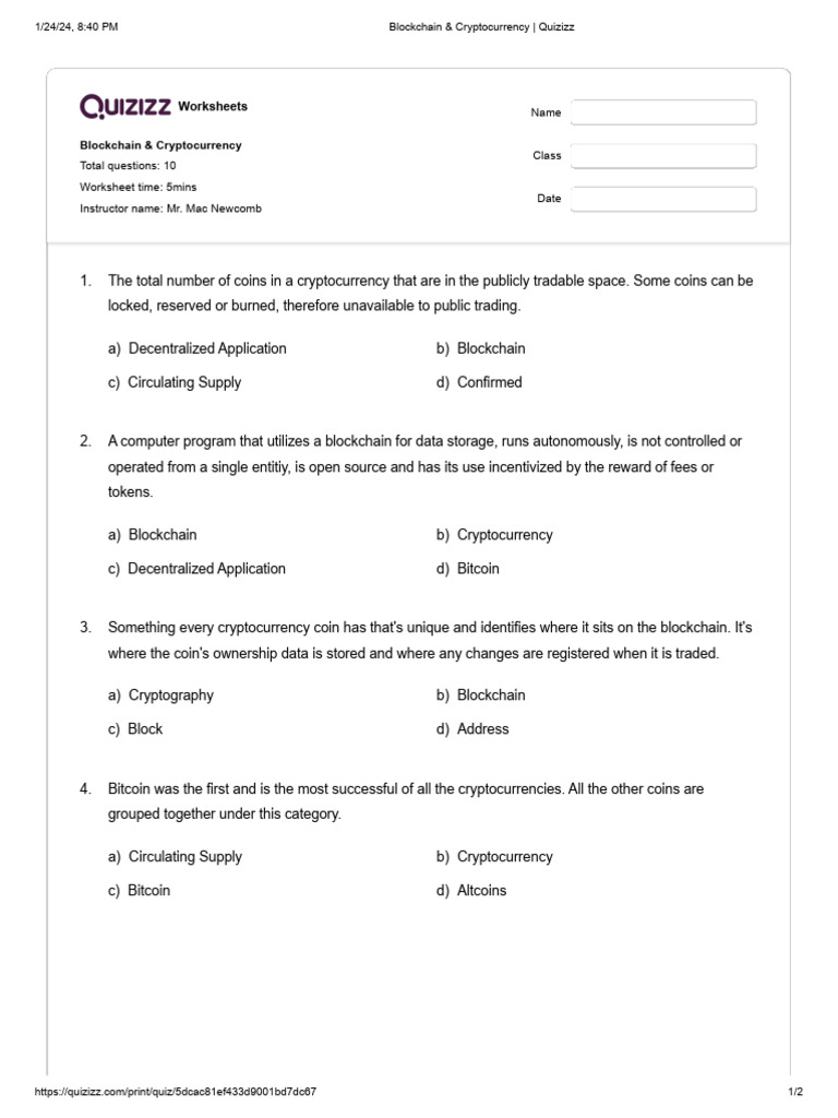 Week 15 Blockchain & Cryptocurrency - Quizizz Worksheet Revision | PDF ...