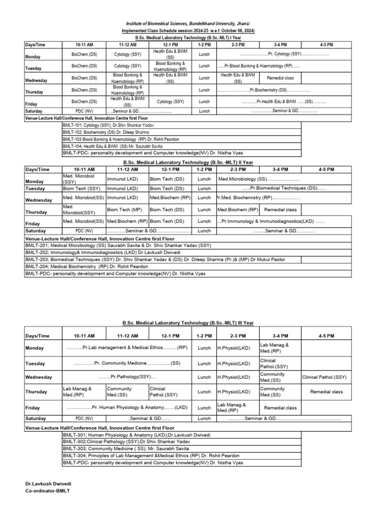 Updated Time Table BMLT I II & III Year 2024 - 25 | PDF | Medicine ...
