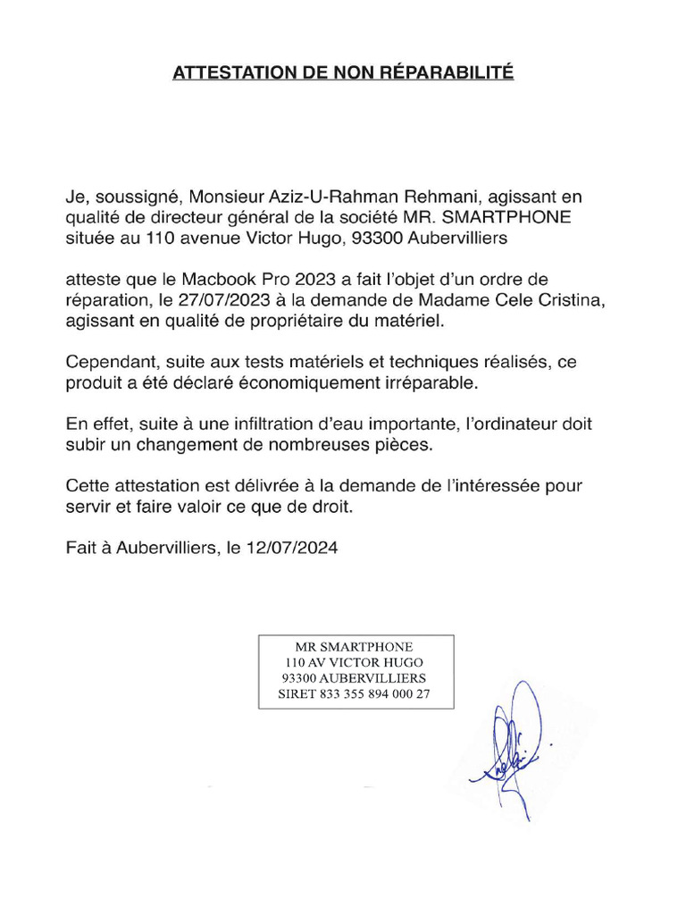 Attestation Non Réparabilité 2 | PDF