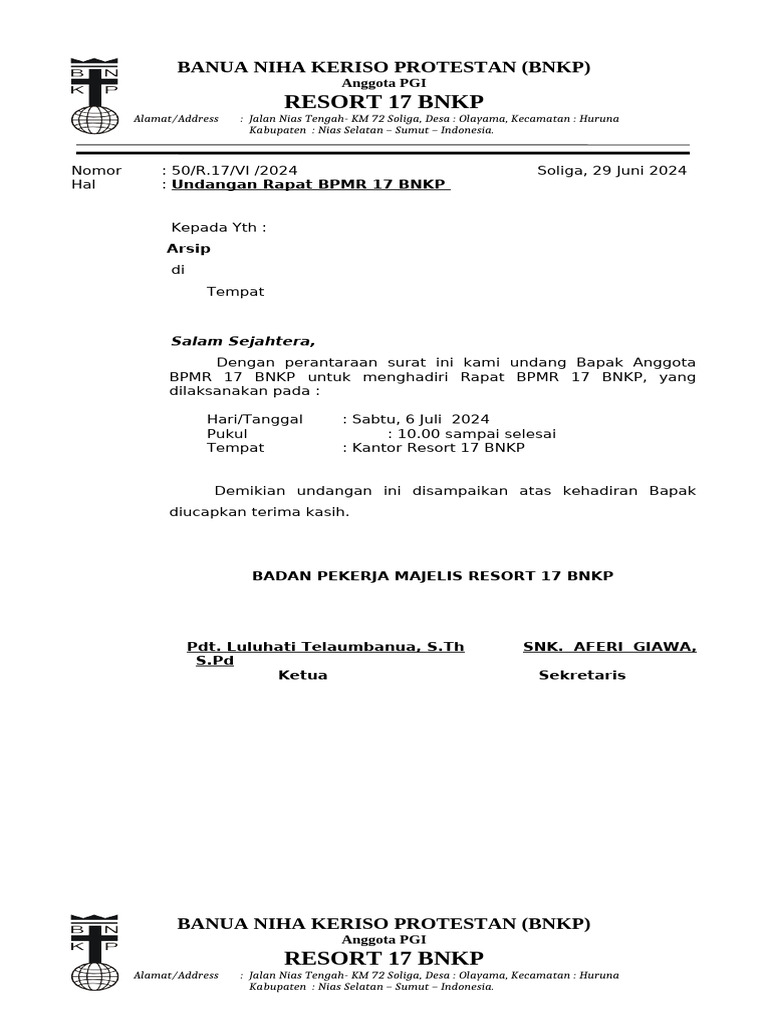 Undangan Rapat BNKP 2024 | PDF