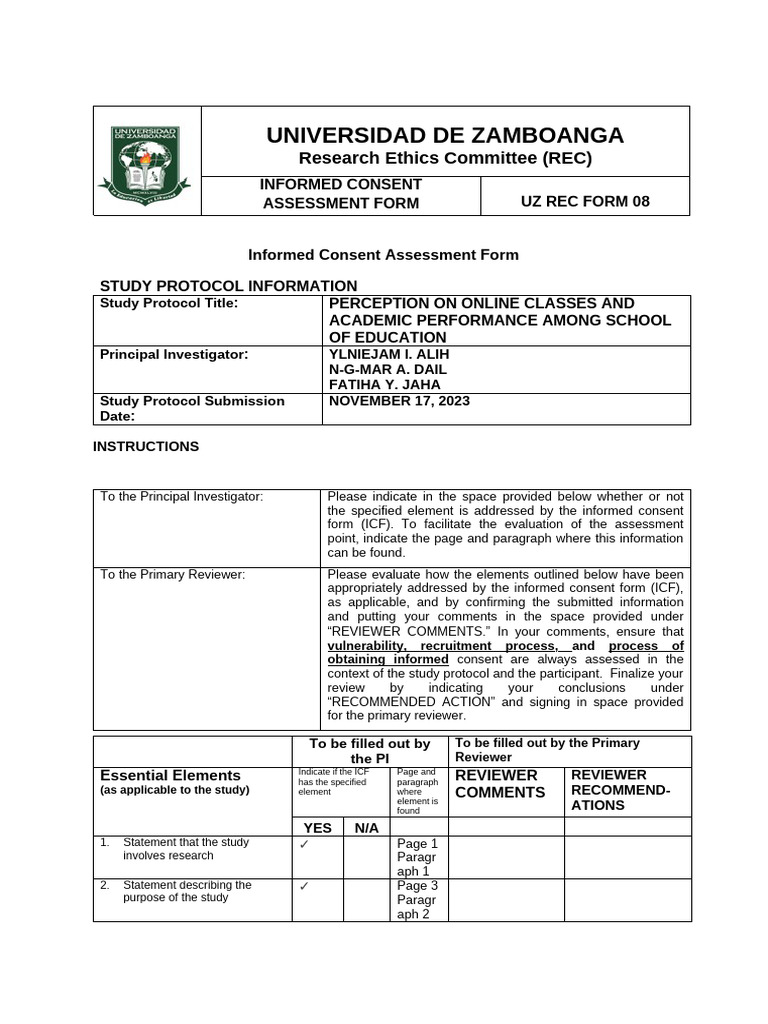 Uz Rec Form 08 Informed Consent Assessment Form Pdf Informed Consent