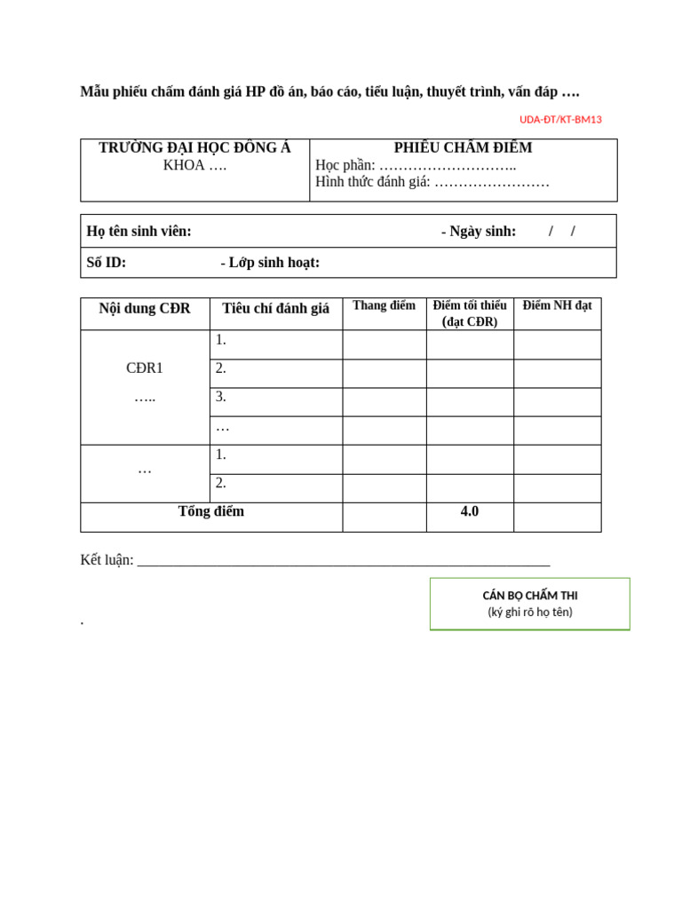 Mau Phieu Cham Theo CDR - Do An, Bao Cao, Van Dap | PDF