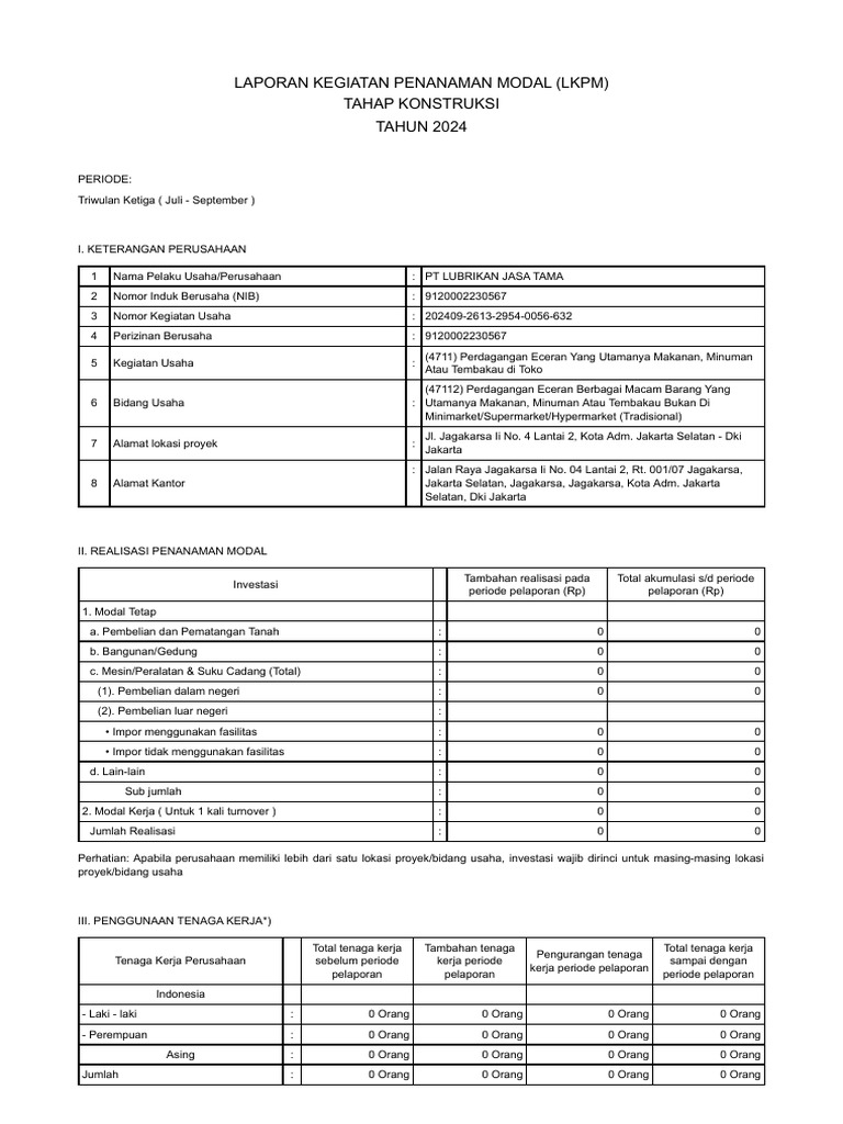 Laporan LKPM PT Lubrikan Jasa Tama 2024 | PDF