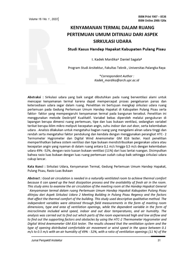 Kenyamanan Termal Dalam Ruang Pertemuan Umum Ditinjau Dari Aspek Sirkulasi Udara | PDF