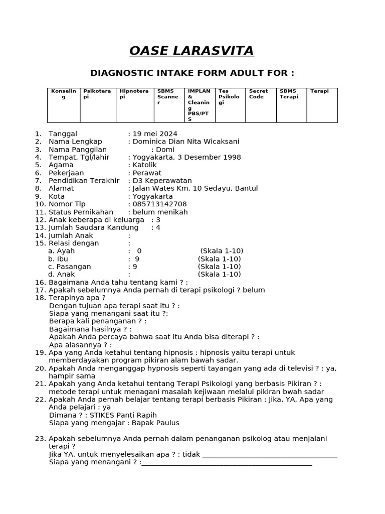 Domi - DIAGNOSTIC INTAKE FORM ADULT FOR ADULT - Universal | PDF