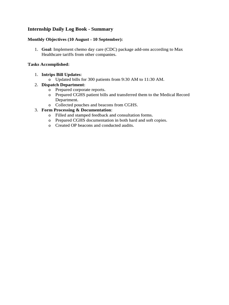 Internship Log: Chemo Day Care Tasks | PDF | Business | Technology & Engineering