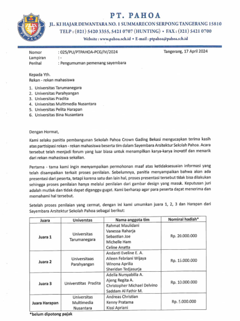 025 Surat Pemenang Sayembara Mahasiswa | PDF