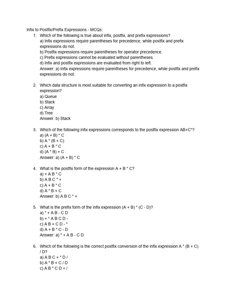 MCQ Infix Postfix Prefix | PDF | Notation | Mathematics