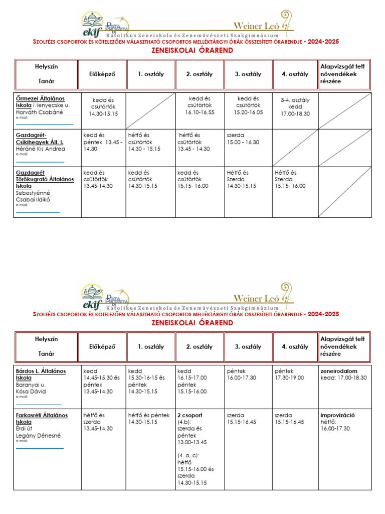 2024 2025 Szolfézs Összesített Órarend | PDF