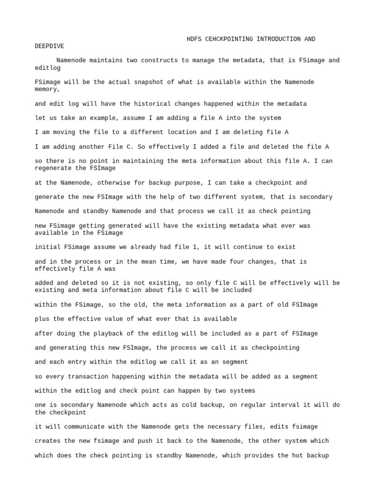 Checkpointing and Deepdive | PDF | Apache Hadoop | Metadata