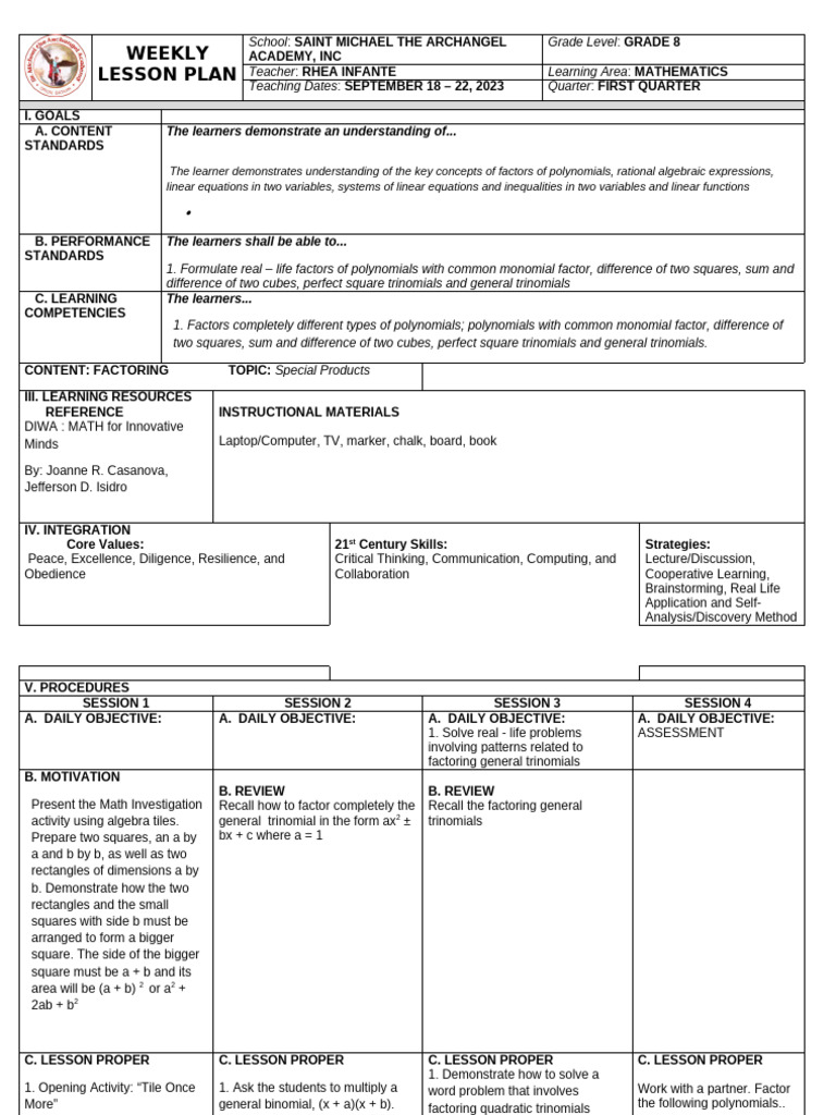 Grade 8 Math Lesson Plan: Factoring | PDF | Factorization | Polynomial