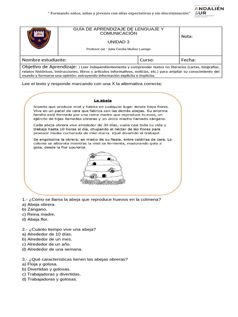 Guía de Comprensión de Textos No Literarios | PDF | Abejas | Colmena