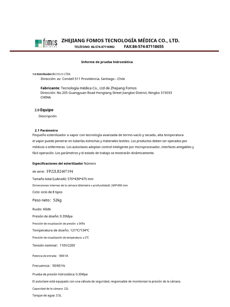 Hydrostatic Test Report Fomos Medical - CLASS B FP22LB2407194 | PDF