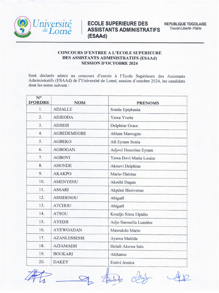 LISTE DES ADMIS AU CONCOURS D'ENTREE A L'ESAAd 2024 - 2025 | PDF