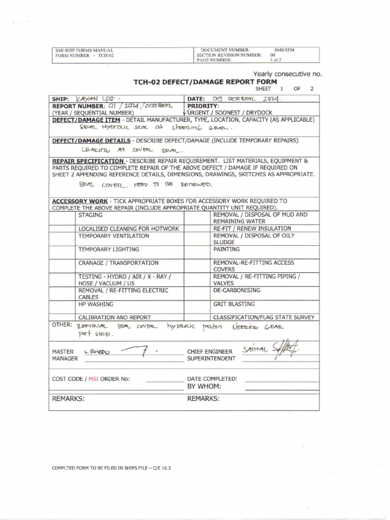 TCH-02 DEFECT,DEMAGE REPORT FORM SEAL HYDROLIC SEAL AT STEERING GEAR | PDF
