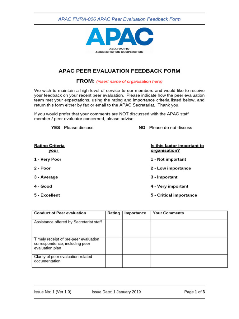 APAC FMRA 006 APAC Peer Evaluation Feedback Form Ver 1.0 20190101 | PDF ...