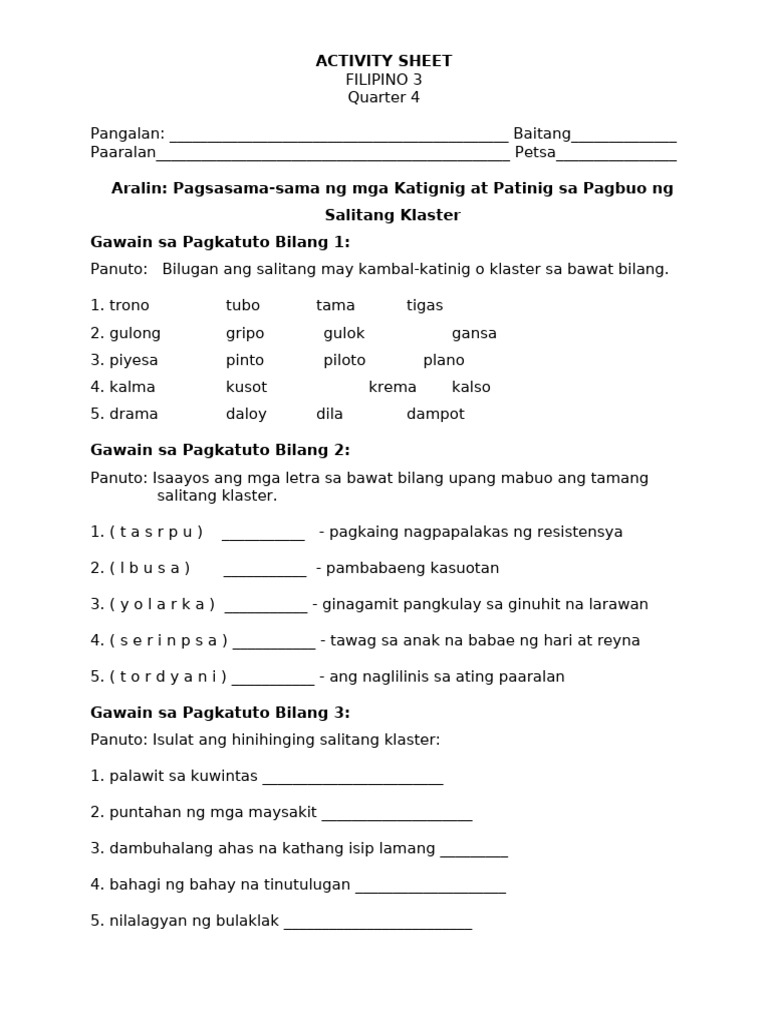Activity Sheet in Filipino Quarter 4 Grade 3 | PDF