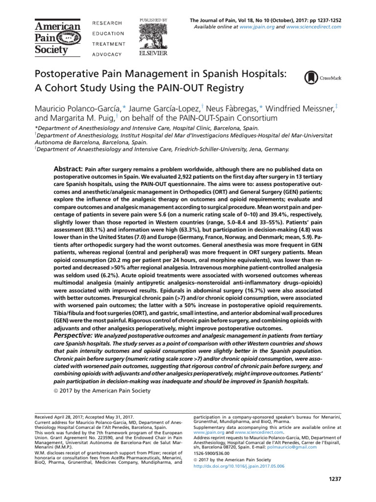 2017 Postoperative Pain Management in Spanish Hospitals | PDF ...