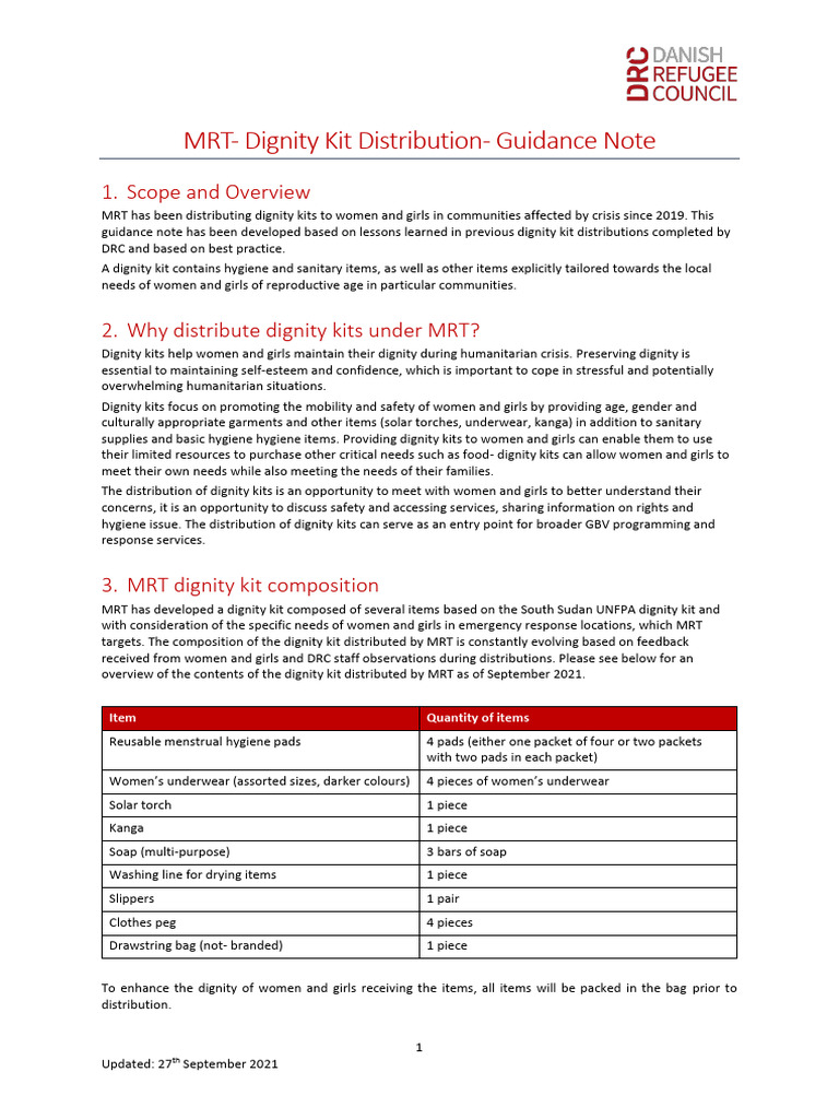 Dignity Kit Distribution Guidance Note | PDF | Dignity