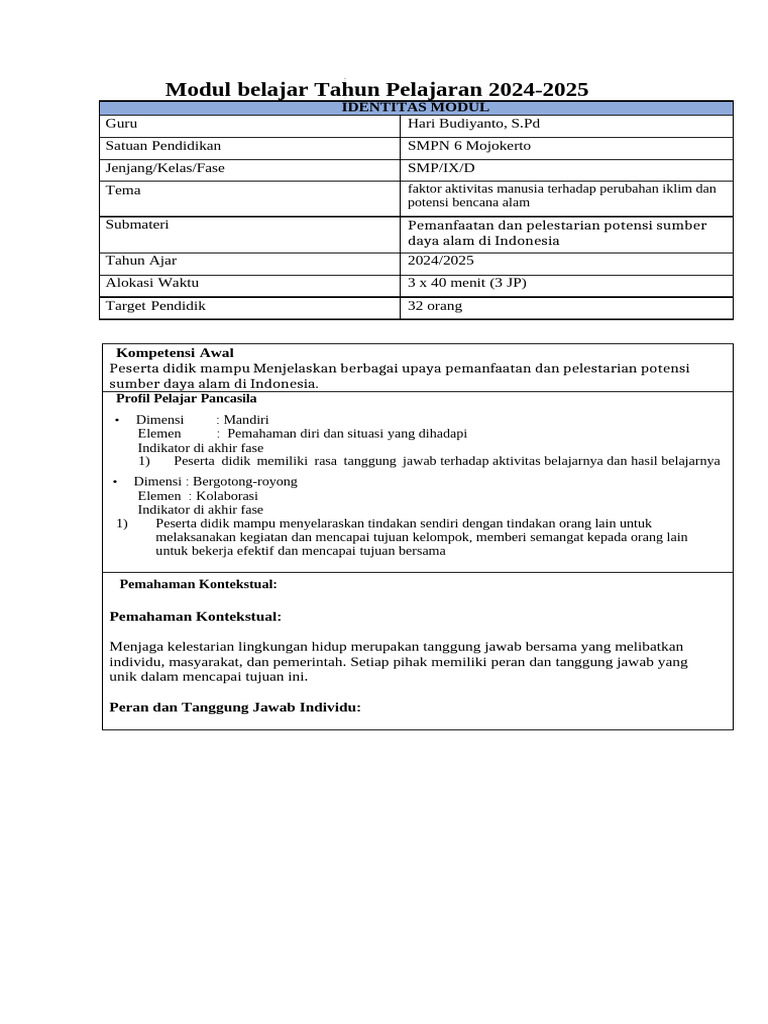 Modul Belajar 1. Pemanfaatan Dan Pelestarian Potensi Sumber Daya Alam ...