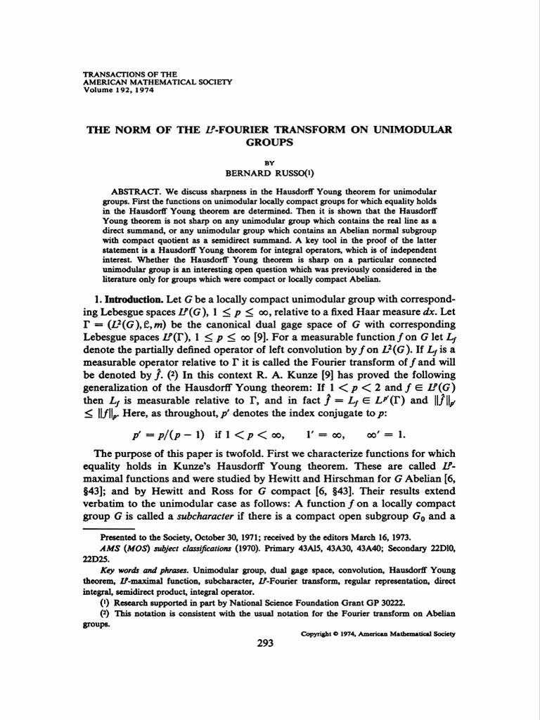 The Norm of The L'-Fourier Transform On Unimodular Groups | PDF | Compact Space | Group ...
