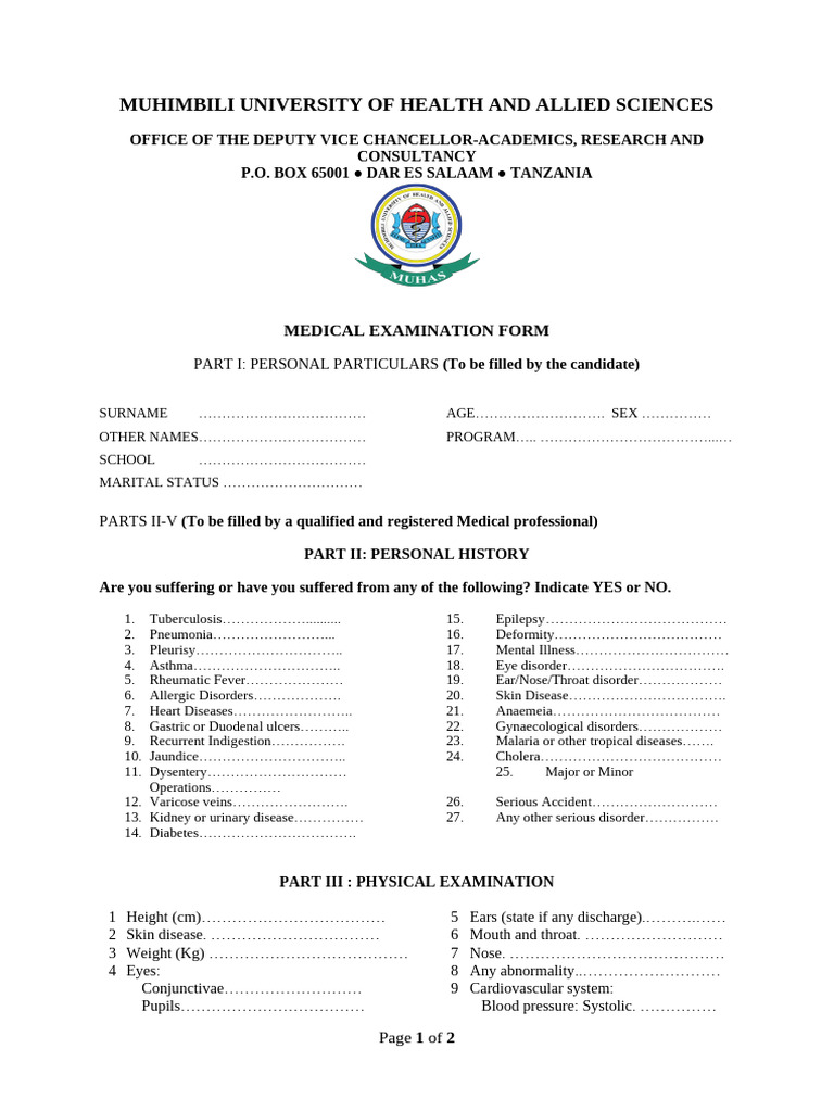 MUHAS Medical Examination Form | PDF | White Blood Cell | Medical ...