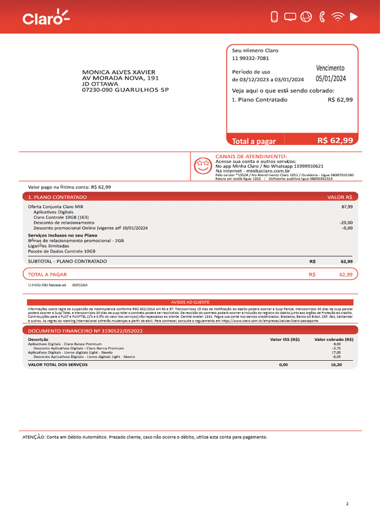 Comprovante Claro Monica - Copia | PDF | Conta de transação | Serviços ...