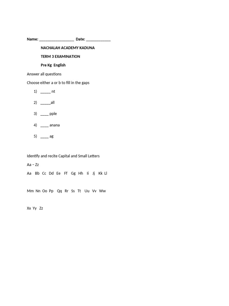 Pre KG English Exam Questions Term 3 | PDF | Teaching Methods & Materials