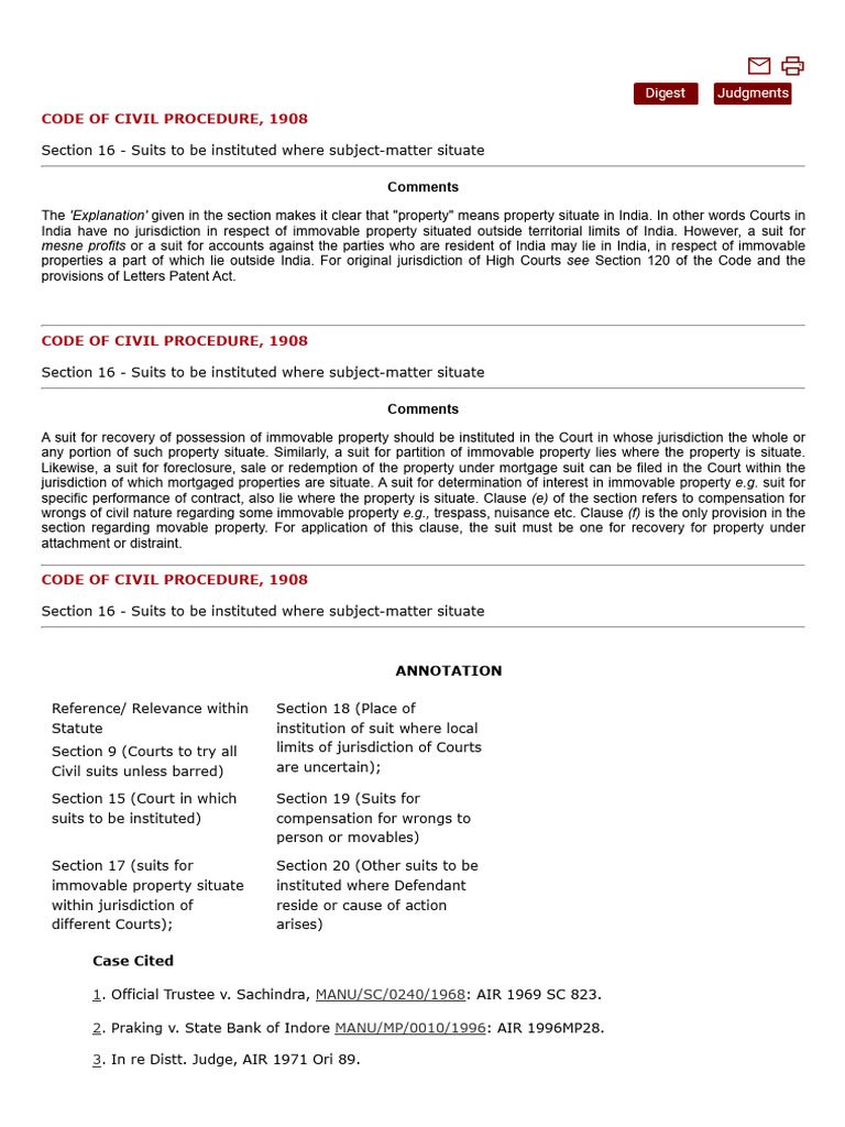 Commentary On Secton 16 CPC | PDF | Lawsuit | Jurisdiction