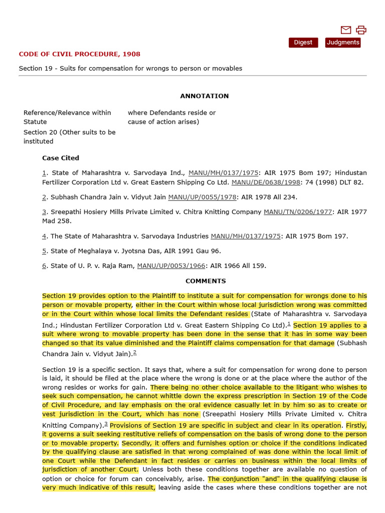 Section 19 CPC: Compensation Suits Explained | PDF | Lawsuit | Cause Of ...