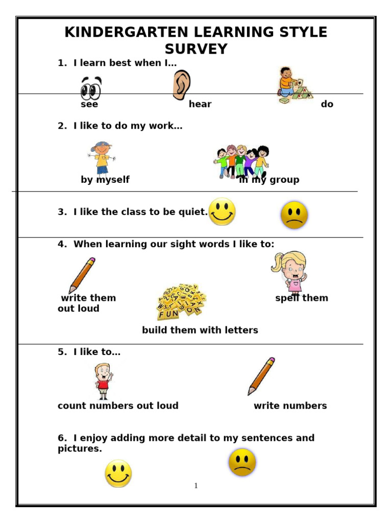 Kindergarten Learning Style Survey (20 Copies) | PDF | Language Arts ...