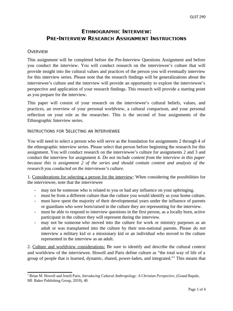 Ethnographic Interview Pre-Interview Research Assignment Instructions ...
