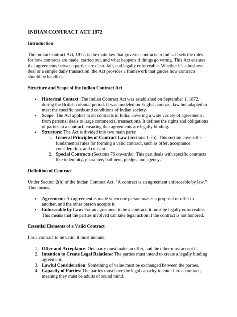 Overview of Indian Contract Act 1872 | PDF | Offer And Acceptance ...