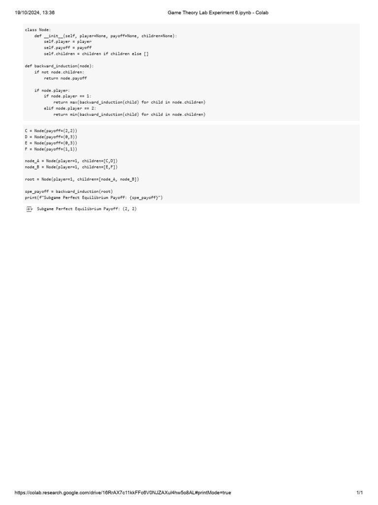 Game Theory Lab Experiment 6.ipynb - Colab | PDF Game Theory Lab Experiment 6.ipynb - Colab | PDF