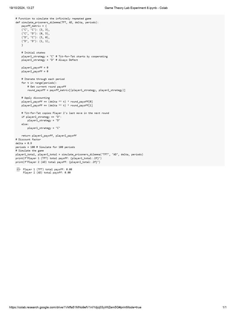 Game Theory Lab Experiment 8.ipynb - Colab | PDF