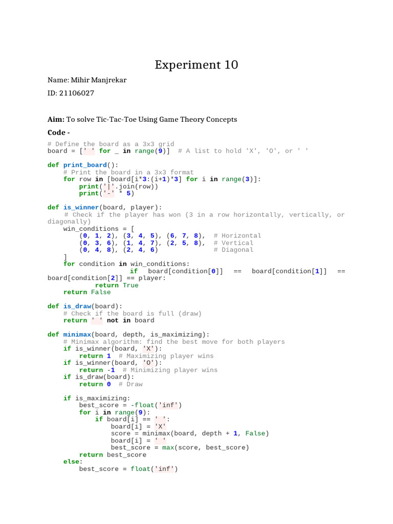 Game Theory Lab Experiment 10 | PDF | Theoretical Computer Science | Applied Mathematics